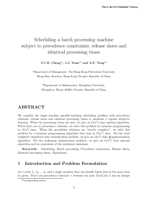 Pdf Scheduling A Batch Processing Machine Subject To Precedence Constraints Release Dates And