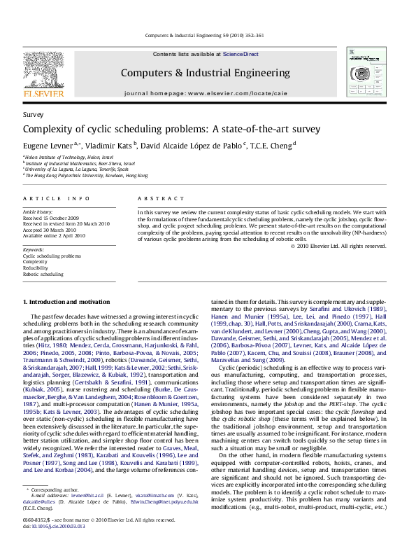(PDF) Complexity of cyclic scheduling problems: A state-of-the-art survey