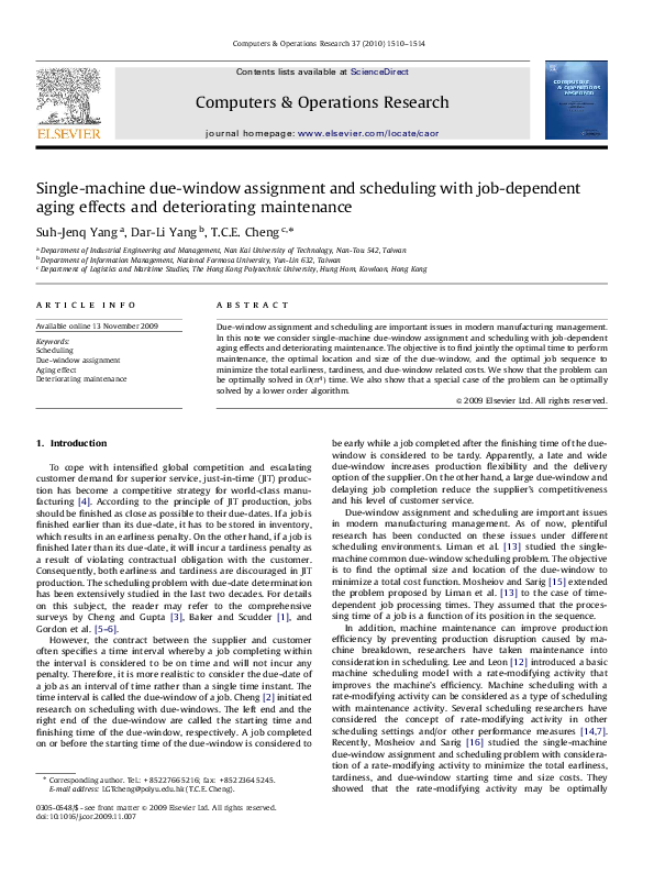 Pdf Single Machine Due Window Assignment And Scheduling With Job 