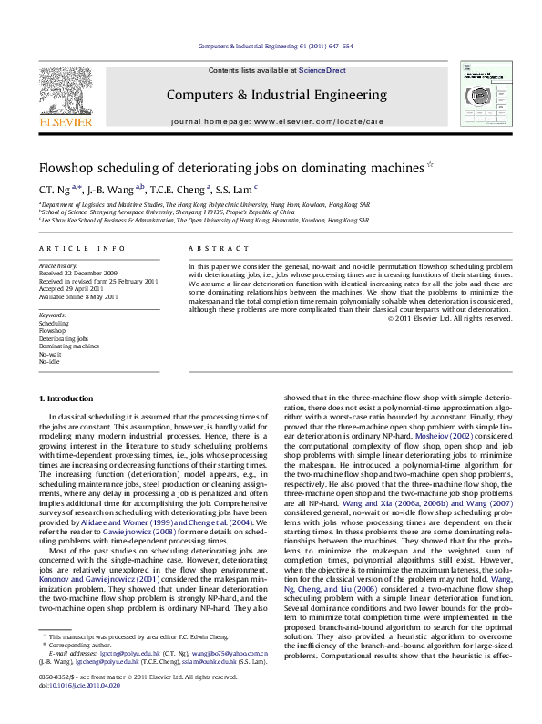 Pdf Flowshop Scheduling Of Deteriorating Jobs On Dominating Machines T C E Cheng