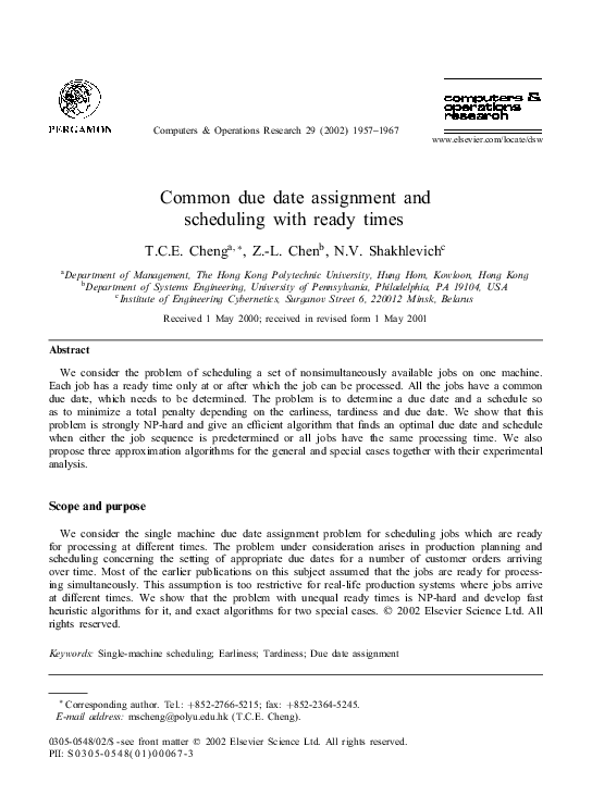 Pdf Common Due Date Assignment And Scheduling With A Rate Modifying Activity To Minimize The 