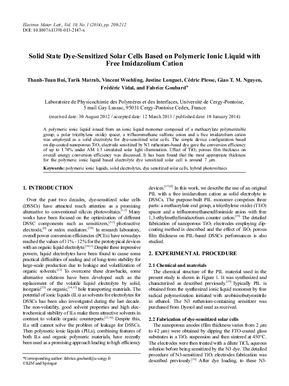 (PDF) Solid state dye-sensitized solar cells based on polymeric ionic liquid with free ...