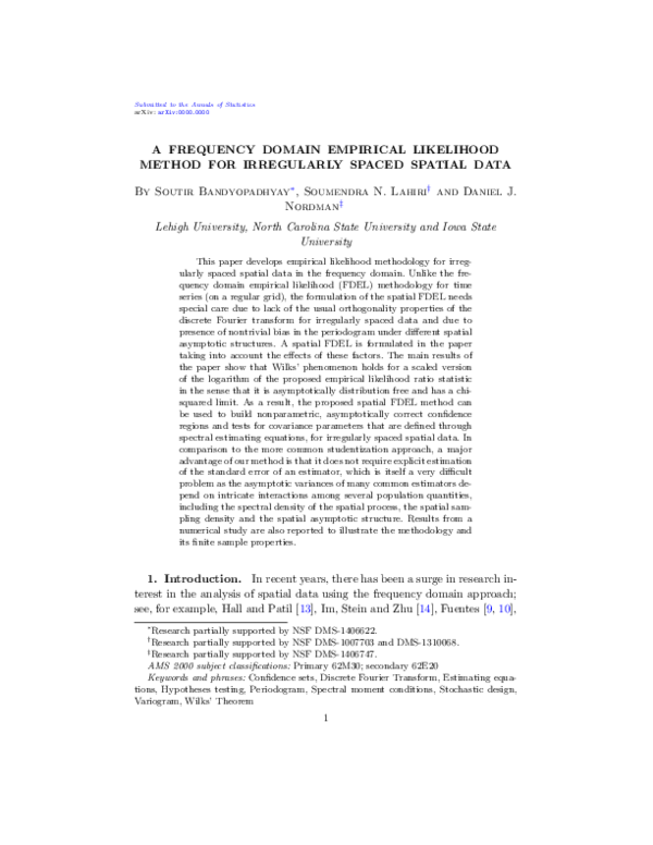 (PDF) A frequency domain empirical likelihood method for irregularly spaced spatial data