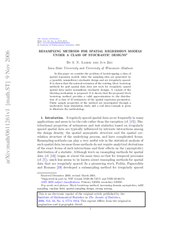 (PDF) Resampling methods for spatial regression models under a class of stochastic designs
