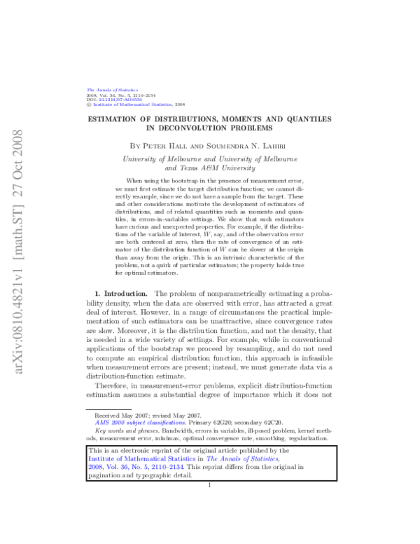 (PDF) Estimation of distributions, moments and quantiles in deconvolution problems