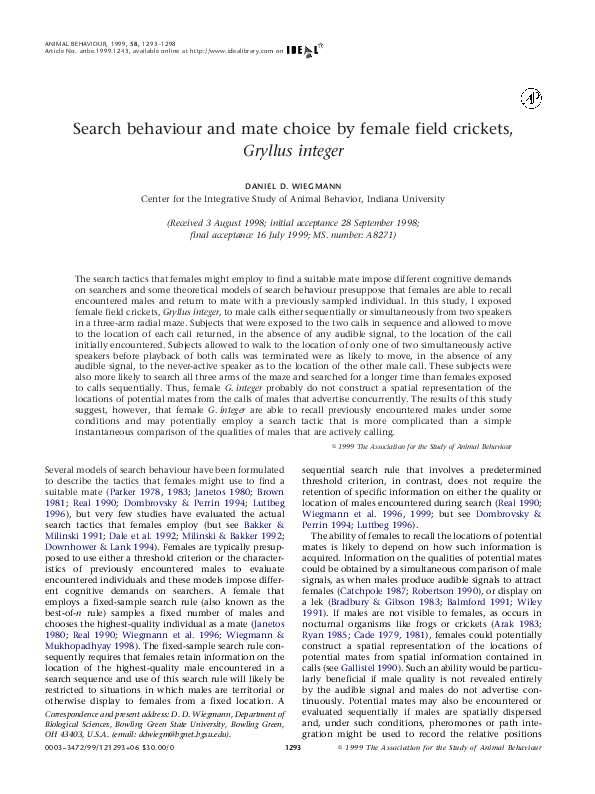 (PDF) Search behaviour and mate choice by female field crickets ...