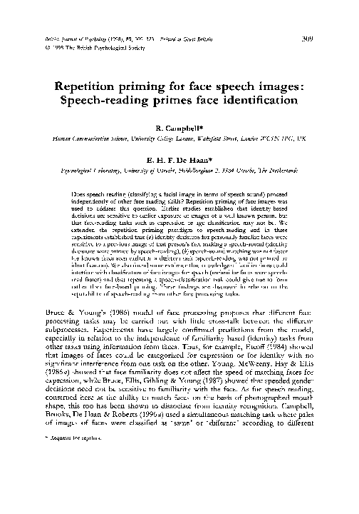 (PDF) Repetition priming for face speech images: Speech-reading primes ...