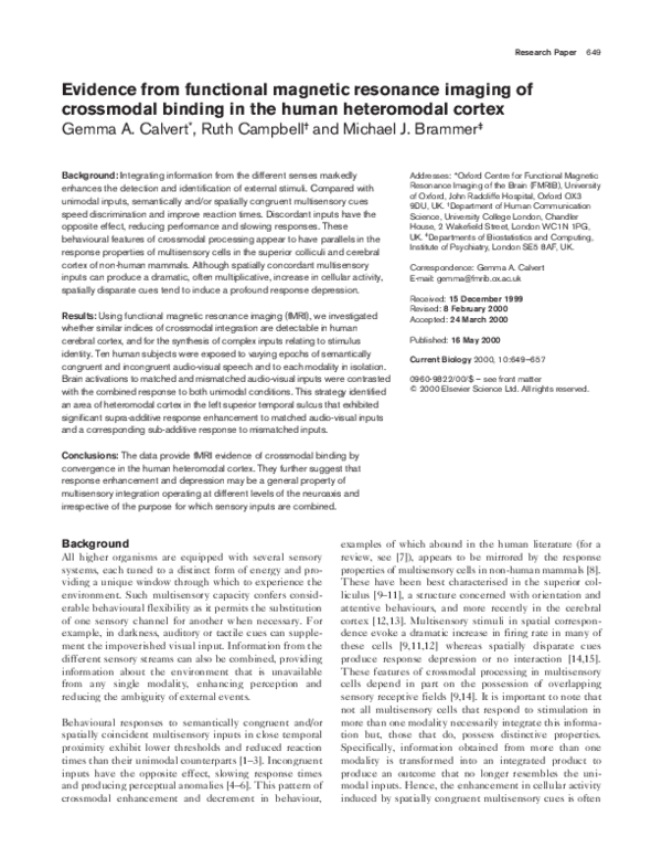 Pdf Evidence From Functional Magnetic Resonance Imaging Of Crossmodal Binding In The Human