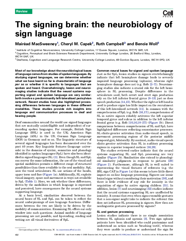 (PDF) The signing brain: the neurobiology of sign language
