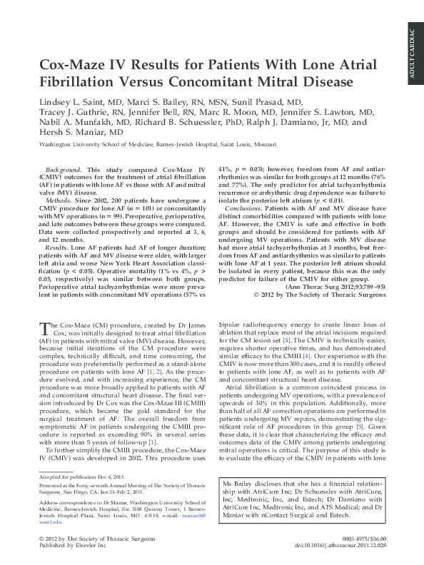 (PDF) Cox-Maze IV Results for Patients With Lone Atrial Fibrillation Versus Concomitant Mitral ...