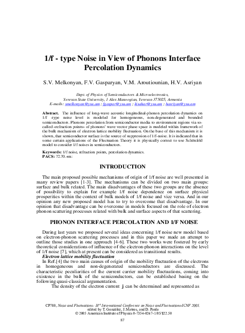 (PDF) 1/f - Type noise in view of phonons interface percolation dynamics