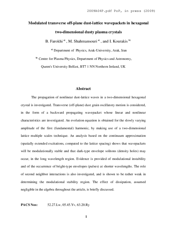 (PDF) Modulated transverse off-plane dust-lattice wave packets in ...