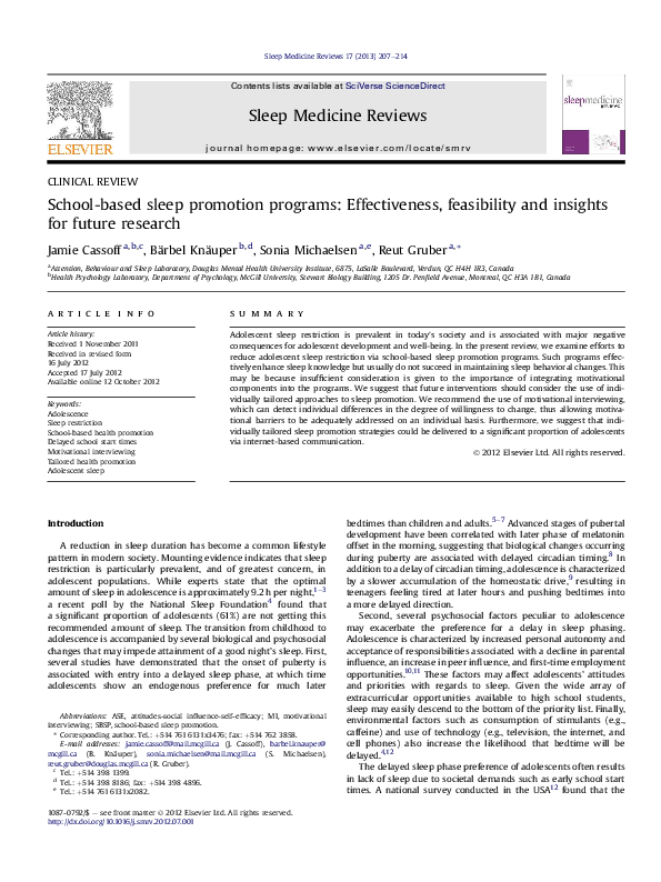 (PDF) School-based sleep promotion programs: Effectiveness, feasibility ...