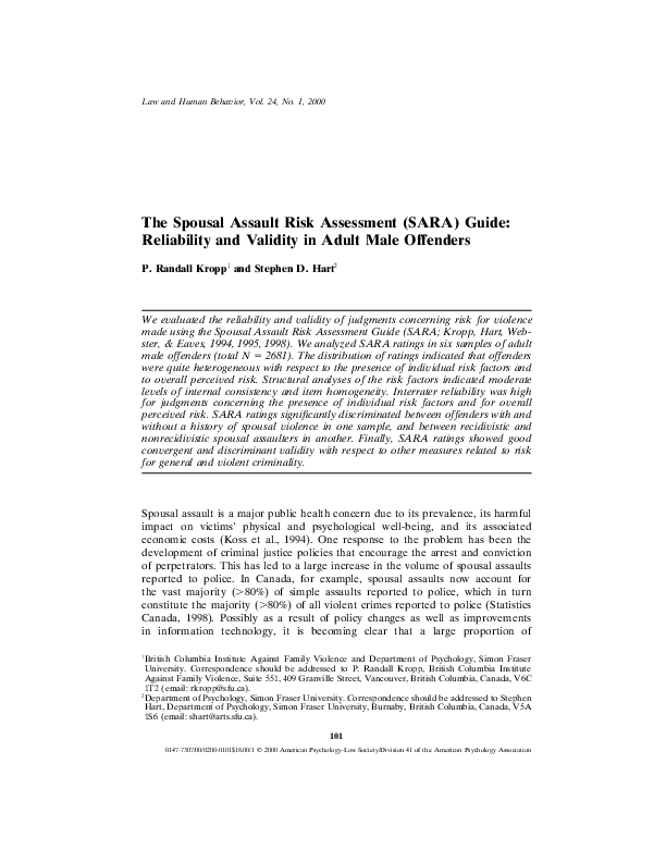 (PDF) The Spousal Assault Risk Assessment (SARA) Guide: Reliability and ...