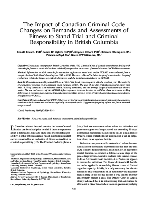 (PDF) The impact of Canadian criminal code changes on remands and ...