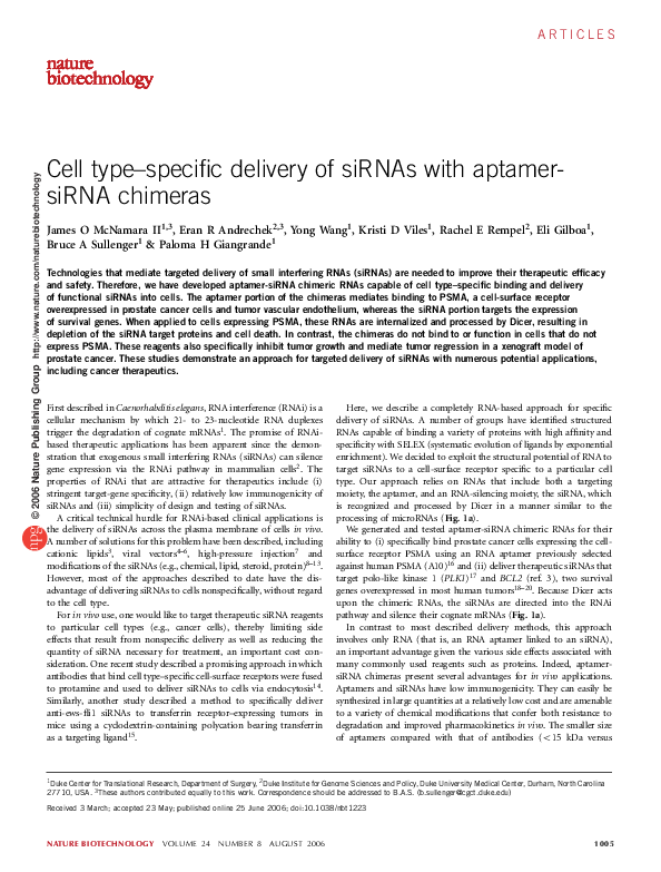 (PDF) Cell type–specific delivery of siRNAs with aptamer-siRNA chimeras