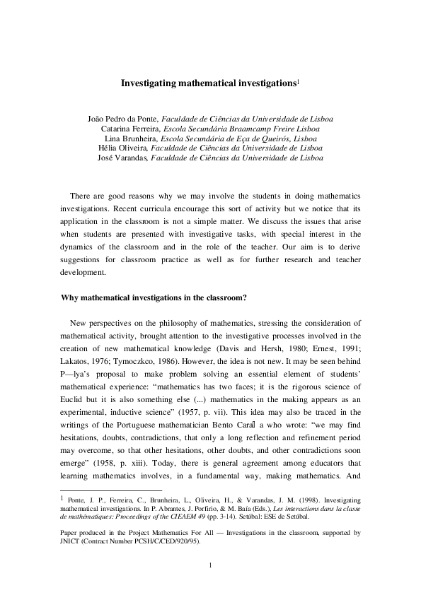 (PDF) Investigating mathematical investigations