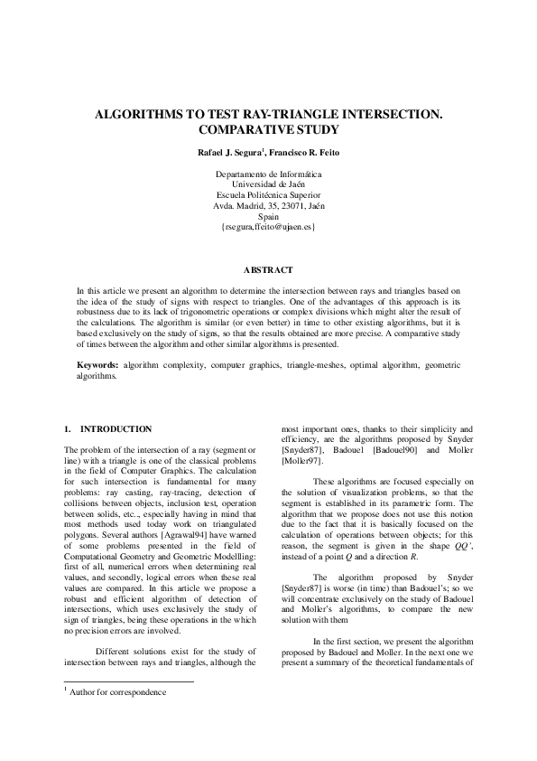 (PDF) Algorithms to Test Ray-Triangle Intersection. Comparative Study
