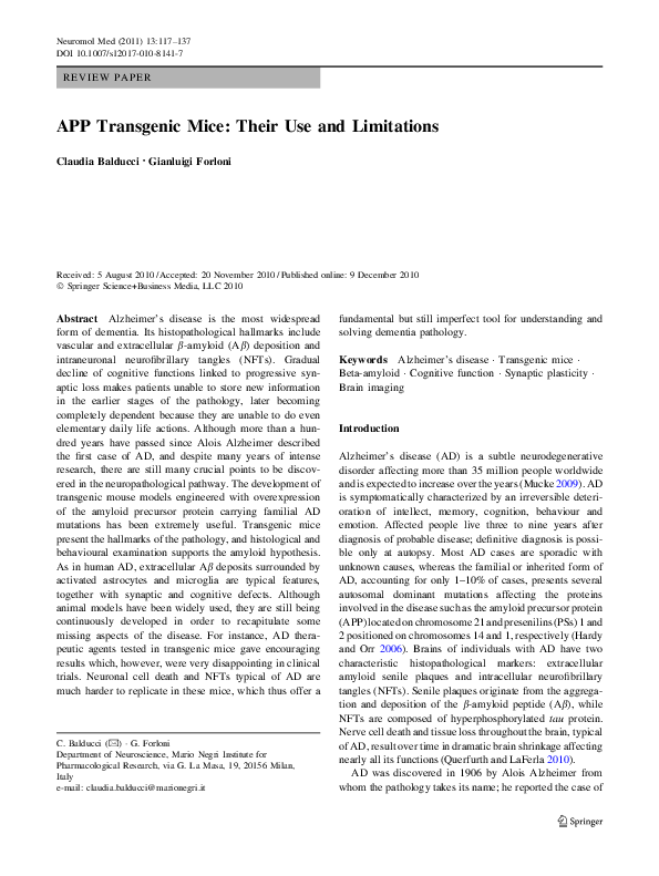 (PDF) APP Transgenic Mice: Their Use and Limitations