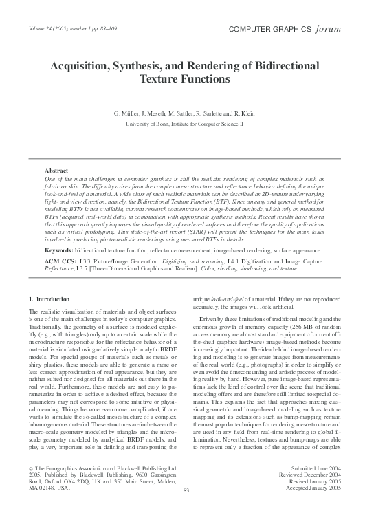 (PDF) Acquisition, Synthesis and Rendering of Bidirectional Texture Functions