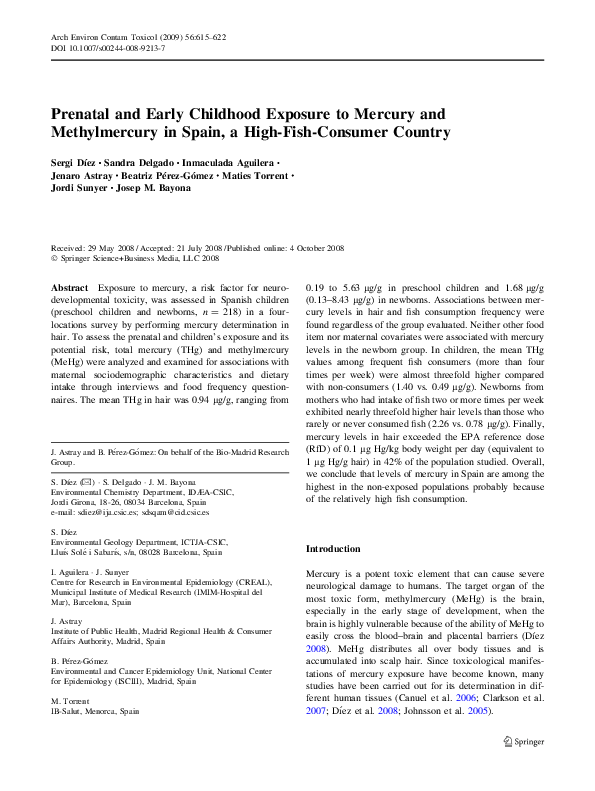 (PDF) Prenatal and Early Childhood Exposure to Mercury and Methylmercury in Spain, a High-Fish ...