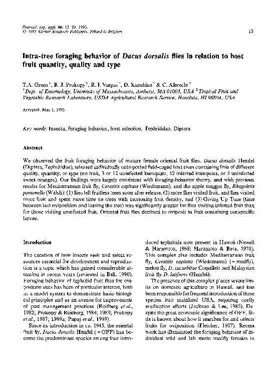 (PDF) Intra-tree foraging behavior of Dacus dorsalis flies in relation ...