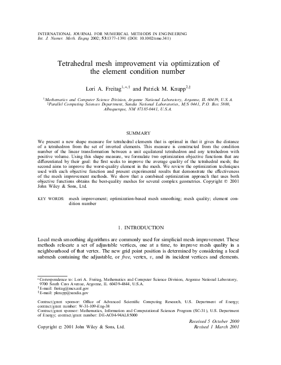 Tetrahedral mesh improvement via optimization of the element condition number