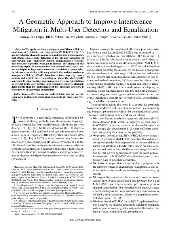 (PDF) A Geometric Approach to Improve Interference Mitigation in Multi-User Detection and ...