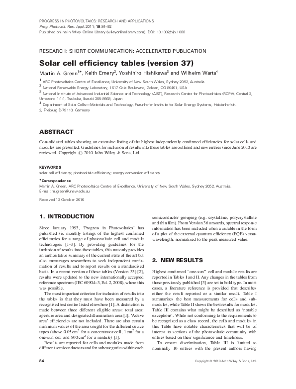 (PDF) Solar cell efficiency tables (version 37)