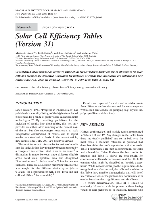 (PDF) Solar cell efficiency tables (Version 31)
