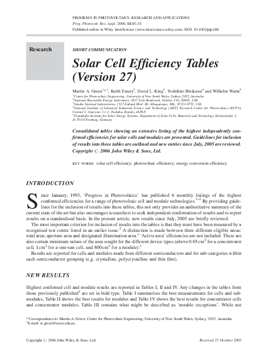 (PDF) Solar cell efficiency tables (version 27)