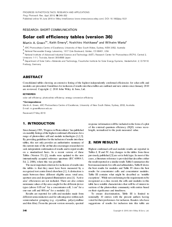 (PDF) Solar cell efficiency tables (version 36)