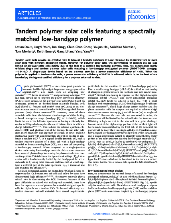 (PDF) Tandem polymer solar cells featuring a spectrally matched low ...