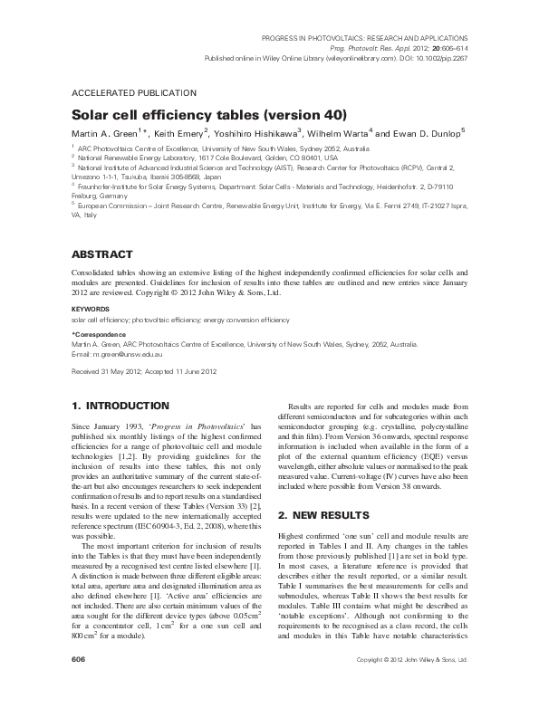 (PDF) Solar cell efficiency tables (version 40)