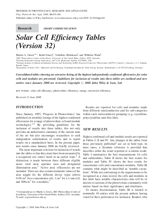 (PDF) Solar cell efficiency tables (Version 32)