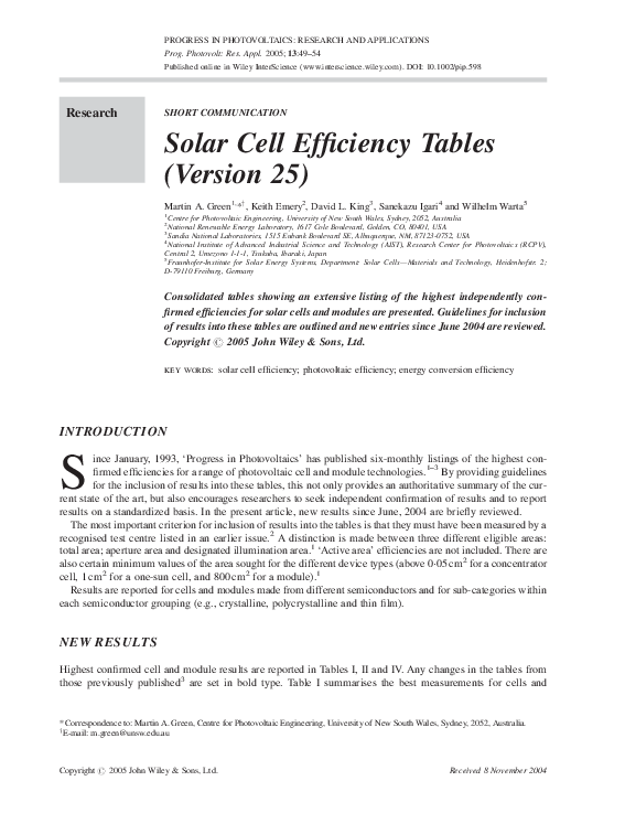 (PDF) SHORT COMMUNICATION: Solar cell efficiency tables (version 25)