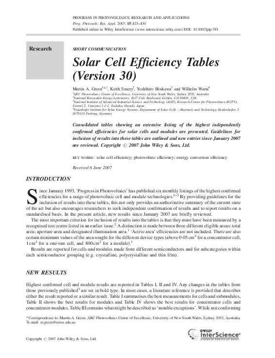 (PDF) Solar cell efficiency tables (version 30)