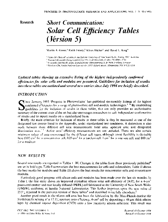 (PDF) Solar cell efficiency tables (version 5)