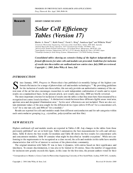 (PDF) Solar cell efficiency tables (version 17)