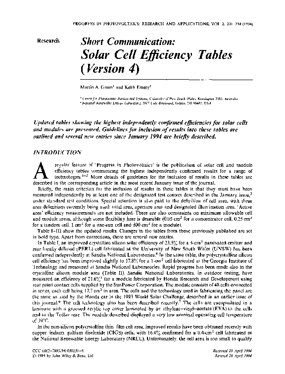 (PDF) Solar cell efficiency tables (version 4)