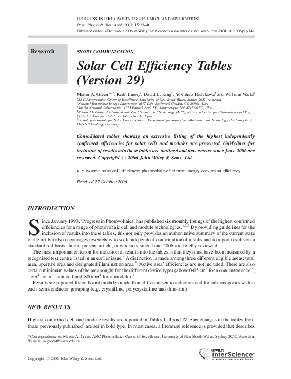(PDF) Solar cell efficiency tables (version 29)