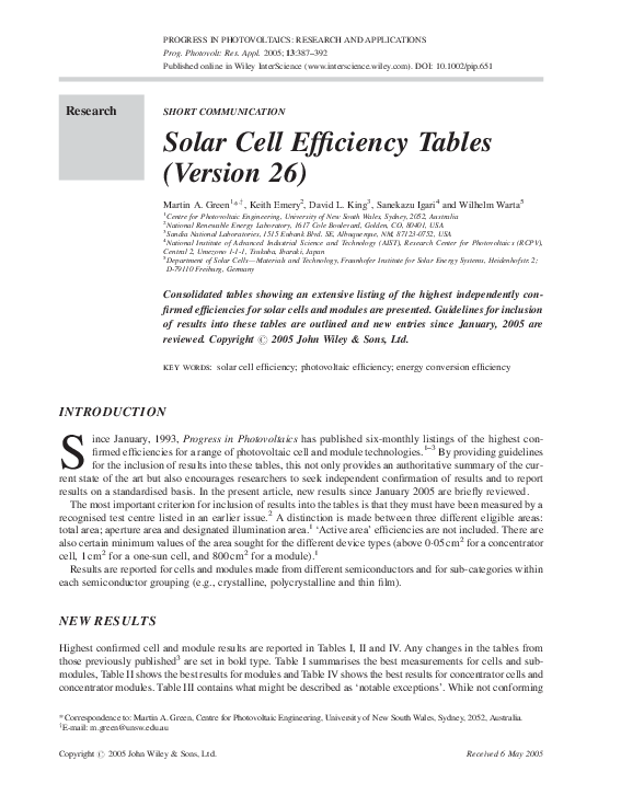 (PDF) Solar cell efficiency tables (version 26)