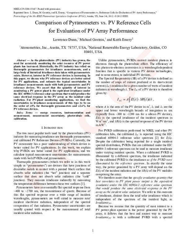 (PDF) Comparison of pyranometers vs. PV reference cells for evaluation of PV array performance