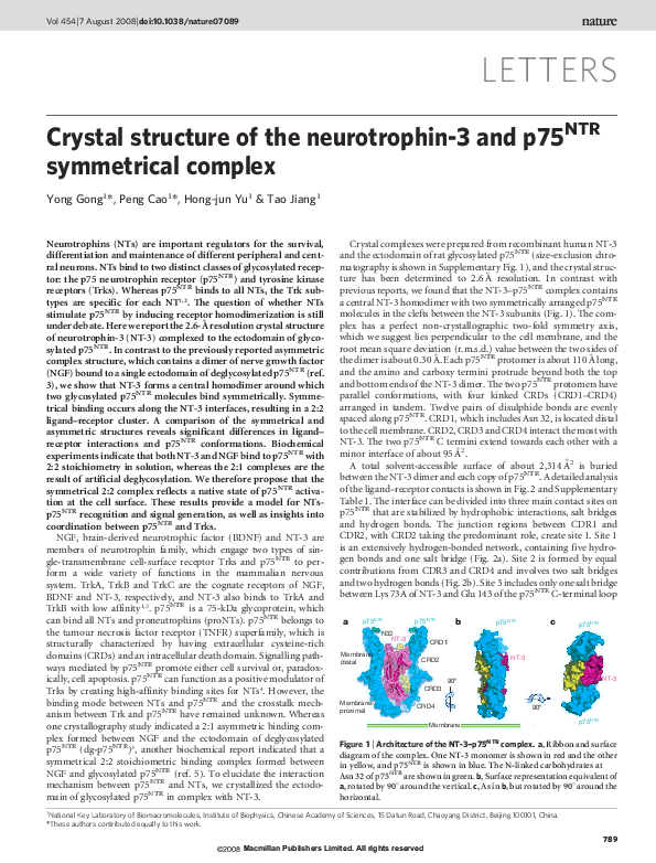 (PDF) Crystal structure of the neurotrophin-3 and p75NTR symmetrical ...