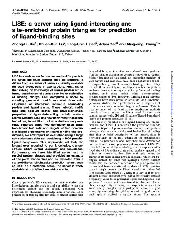 (PDF) LISE: a server using ligand-interacting and site-enriched protein triangles for prediction ...