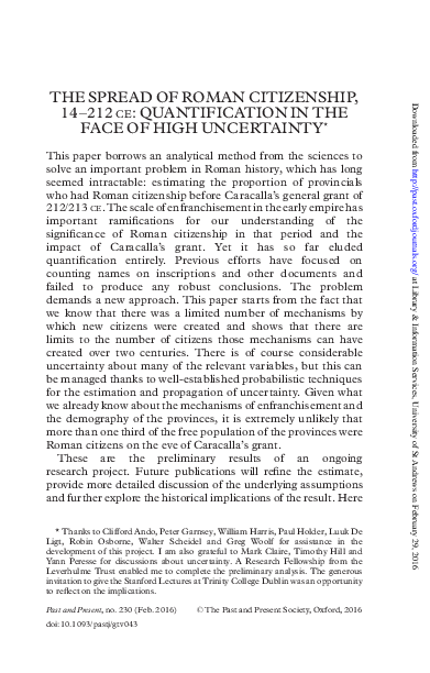 (PDF) 'The spread of Roman citizenship, 14–212 CE: Quantification in ...
