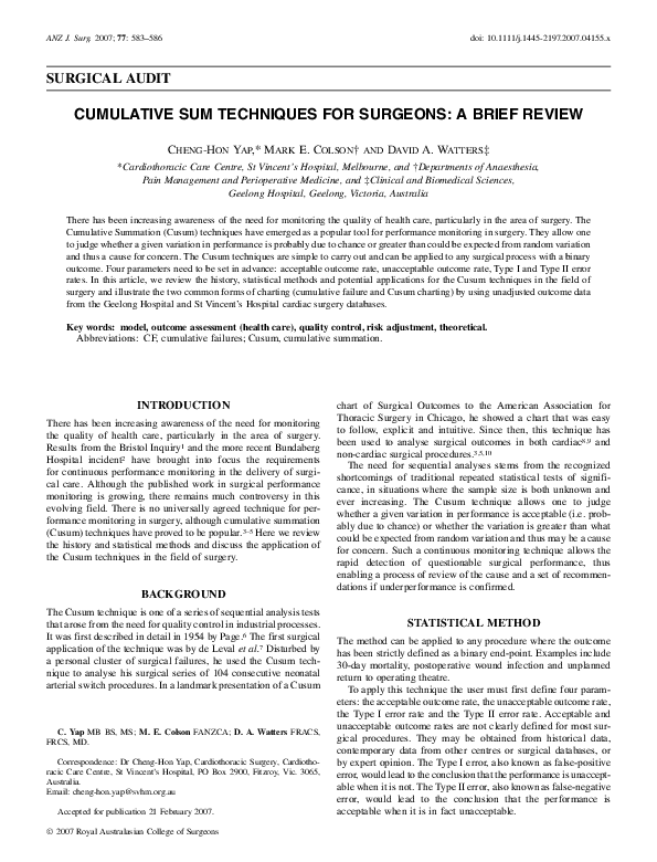 (PDF) CUMULATIVE SUM TECHNIQUES FOR SURGEONS: A BRIEF REVIEW