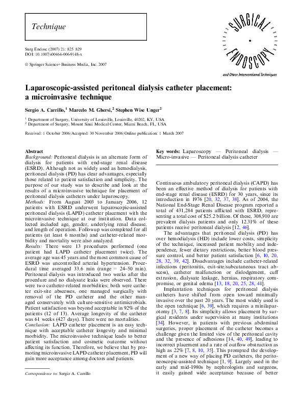 (PDF) Laparoscopic-assisted peritoneal dialysis catheter placement: a ...