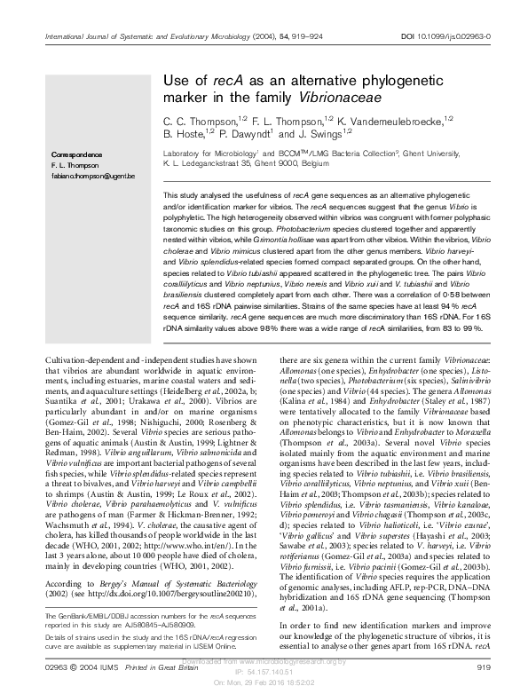 (PDF) Use of recA as an alternative phylogenetic marker in the family ...