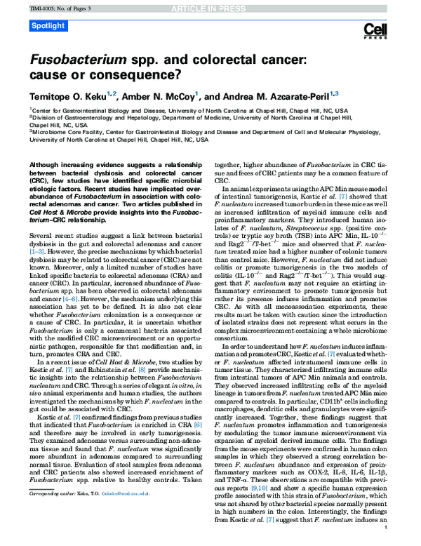 Pdf Fusobacterium Spp And Colorectal Cancer Cause Or Consequence